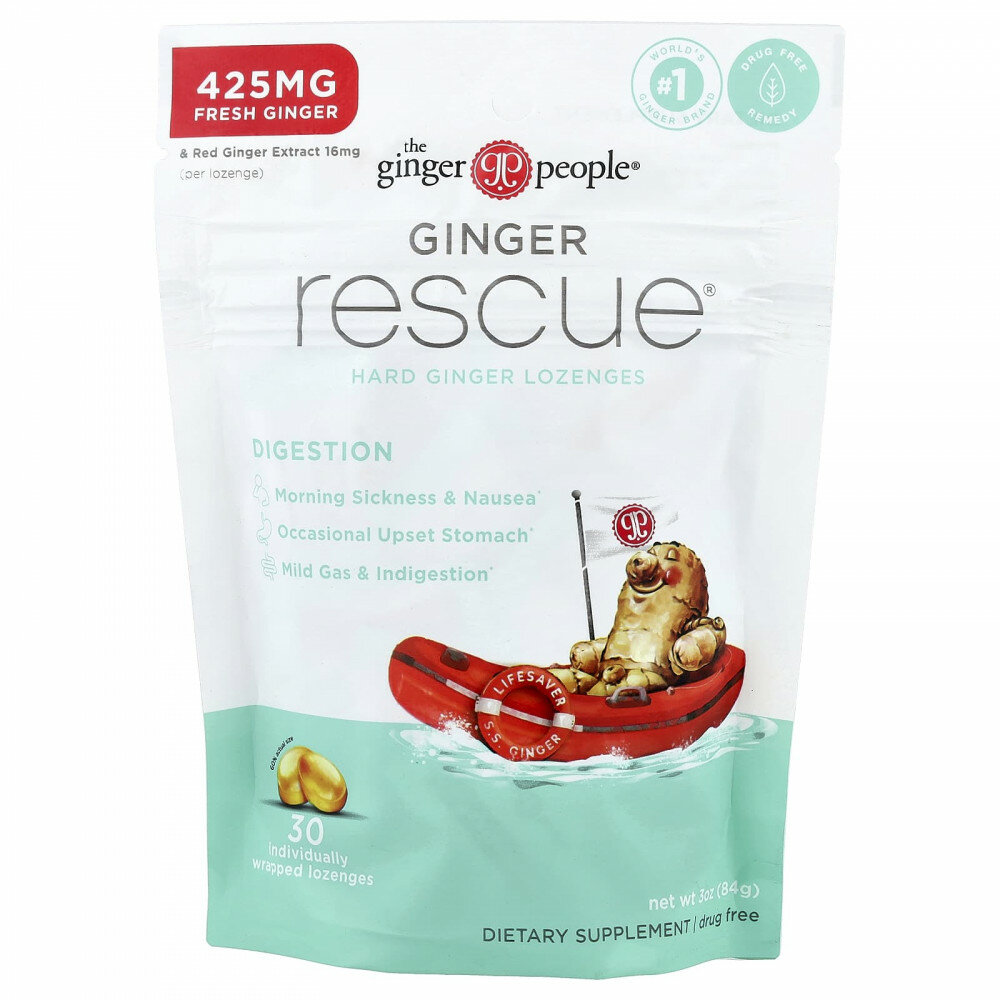 The Ginger People, Ginger Rescue®, твердые леденцы с имбирем, 30 леденцов в индивидуальной упаковке
