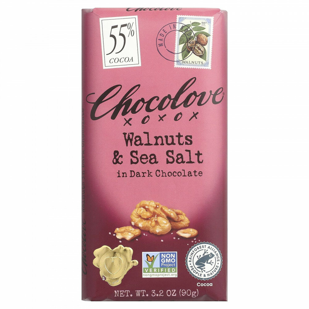 Chocolove, грецкие орехи и морская соль в темном шоколаде, 55% какао, 90 г (3,2 унции)