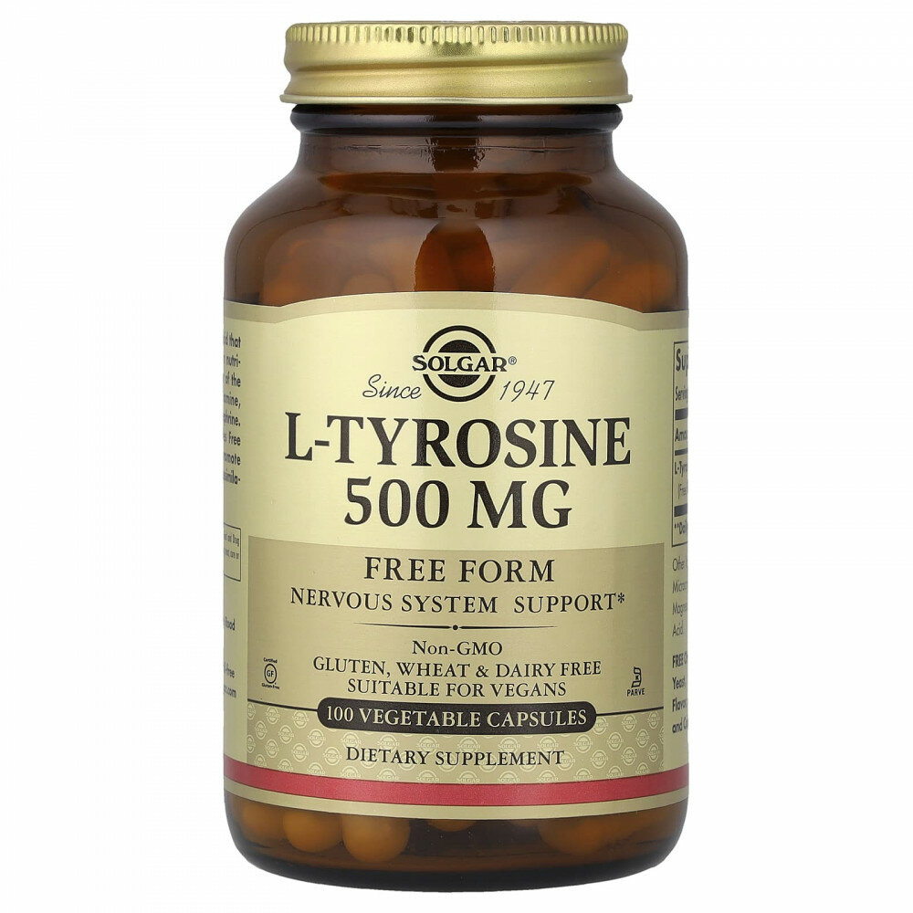 Solgar, L-тирозин, 500 мг, 100 вегетарианских капсул