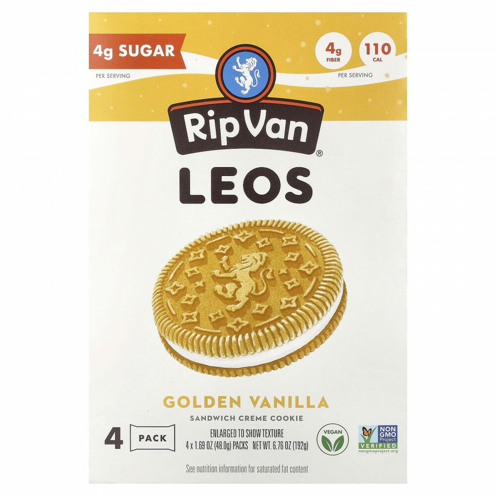 Rip Van Wafels, Leos, печенье с бутербродом, золотистая ваниль, 4 упаковки по 48 г (1,69 унции)