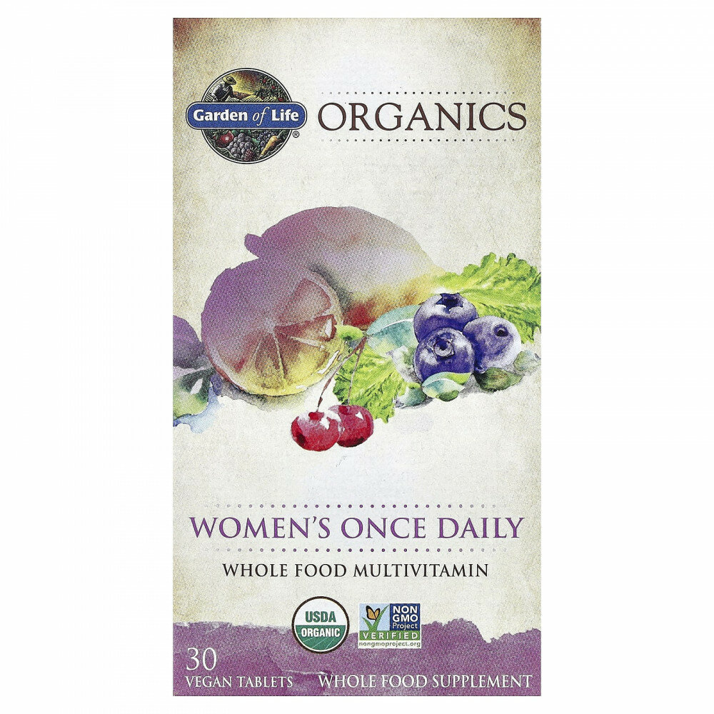 Garden of Life, Organics, мультивитамины из цельных продуктов для женщин, одна таблетка в день, 30 веганских таблеток
