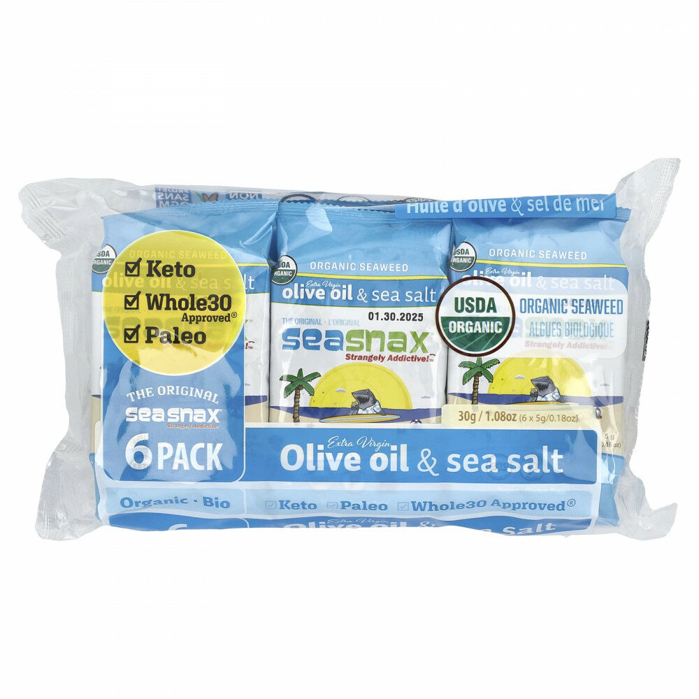 SeaSnax, Органические водоросли, оливковое масло высшего качества и морская соль, 6 пакетиков по 5 г (0,18 унции)