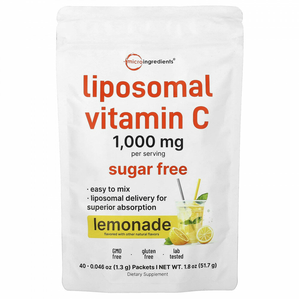 Micro Ingredients, липосомальный витамин C, со вкусом лимонада, 40 пакетиков по 1,3 г (0,046 унции)