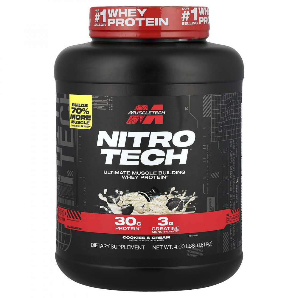 MuscleTech, Nitro-Tech™, сывороточный протеин, печенье и сливки, 1,81 кг (4 фунта)