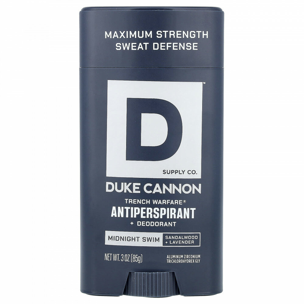Duke Cannon Supply Co, Trench Warfare® антиперспирант и дезодорант, Midnight Swim, сандаловое дерево и лаванда, 85 г (3 унции)