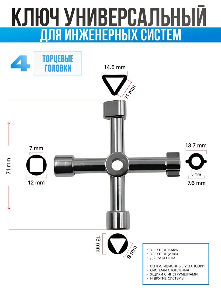 Ключ универсальный 4 в 1 для электрошкафов, шкафов отопления, электрощитов