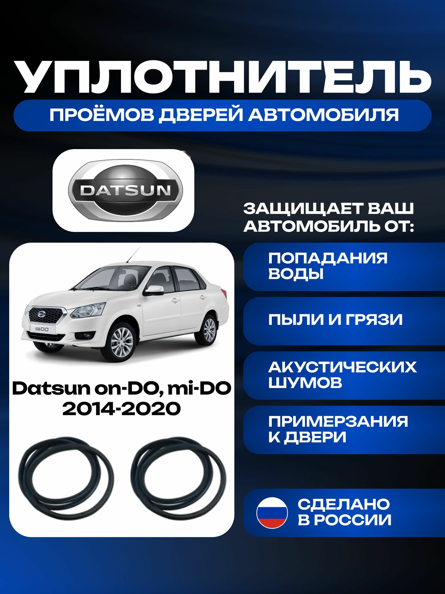 Комплект уплотнителей проема передних дверей Datsun on-DO, mi-DO / Датсун он до, ми до (стыкованный) на 2 двери (правую + левую)