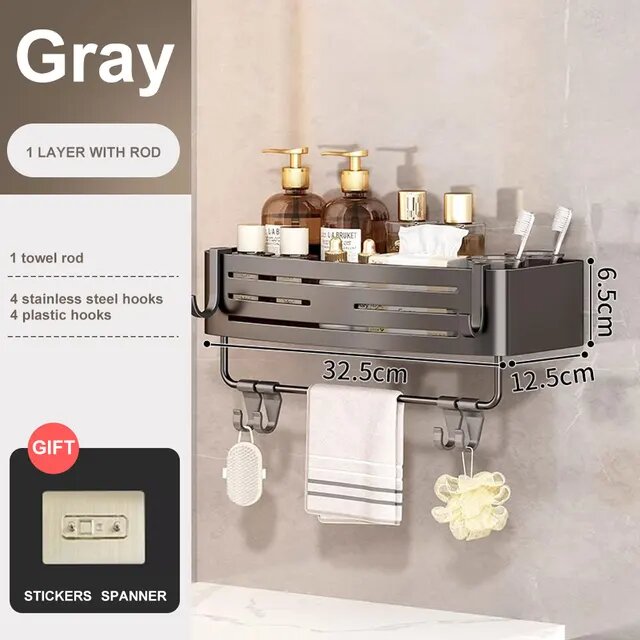 1-2 угловые полки для ванной комнаты с пластиковыми крючками и держателями для полотенец; алюминиевая полка для хранения в душевой кабине/органайзер для ванной комнаты, не требующий сверления.