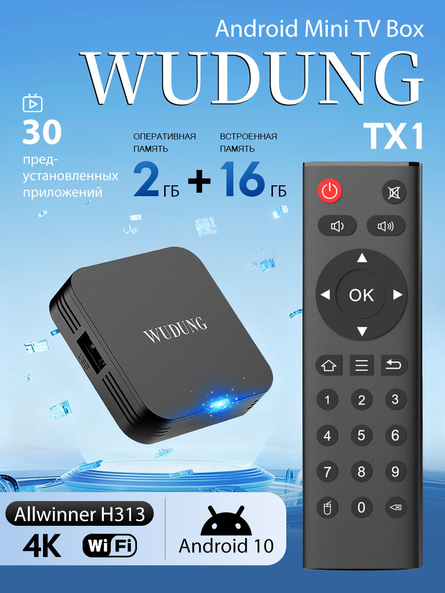 Медиаплеер WUDUNG TX1 2/16 Гб Allwinner H313 Android10 Smart TV Box Wifi 2.4