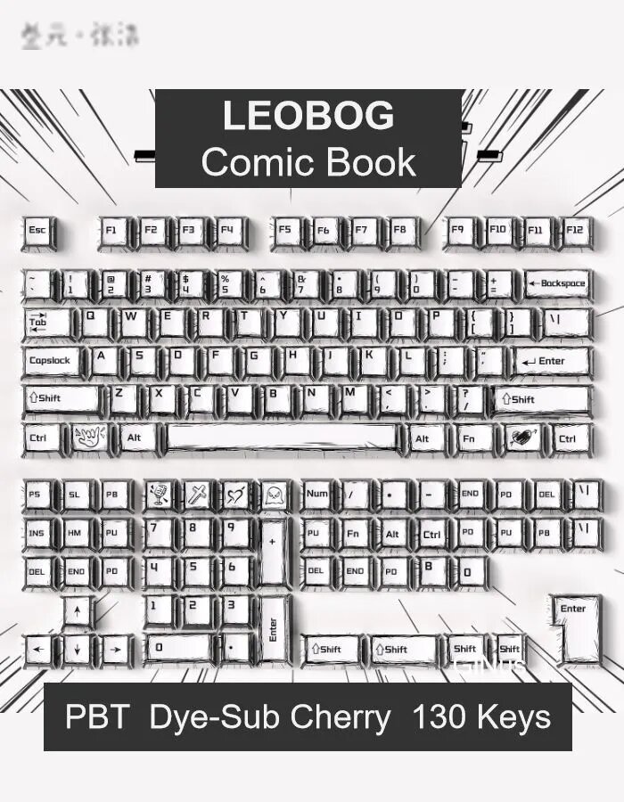 Кейкапы для механической клавиатуры LEOBOG Comic Book, White-Black, 130Keys, Cherry, PBT, Dye Sublimation