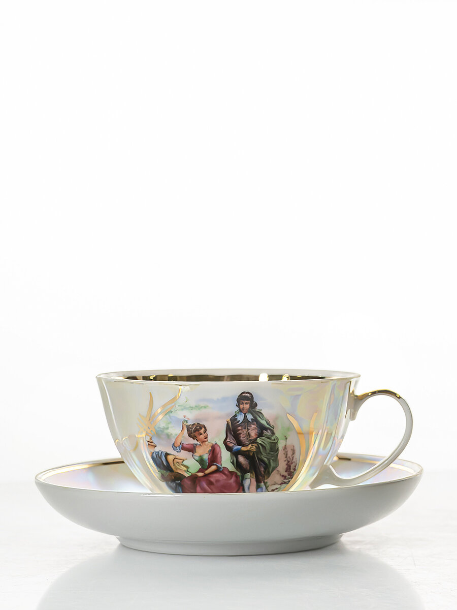 Пара чайная фарфоровая, ф. Белый лебедь "Прогулка в усадьбе", 275 мл, Дулёвский фарфоровый завод