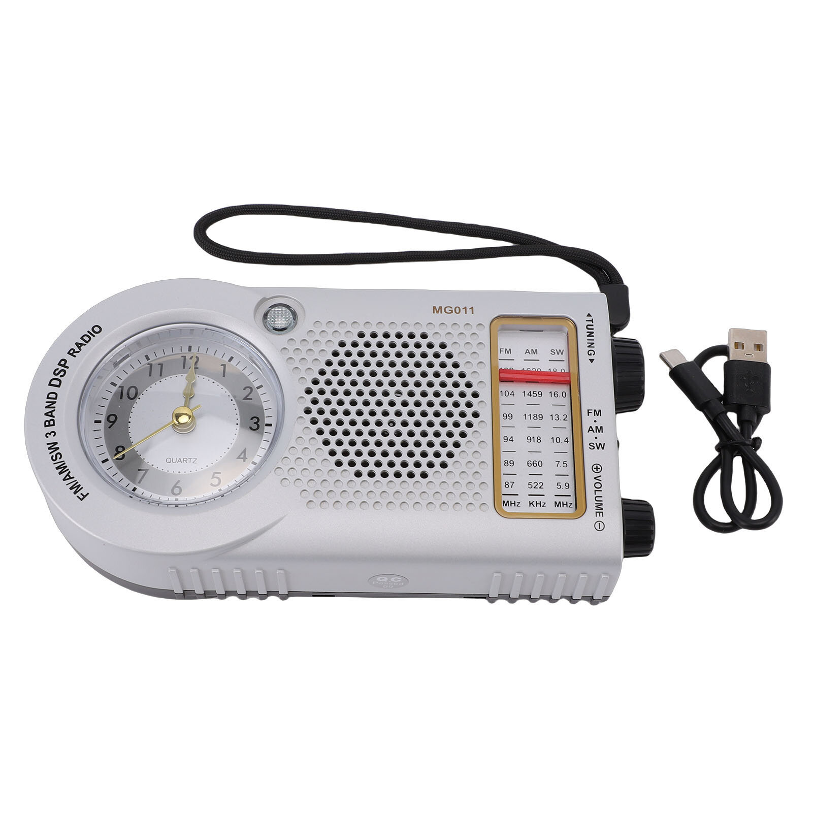 Портативное Радио С Перезаряжаемой Батарейкой FM AM SW Многополосное с Часами Динамик мощностью 3 Вт для Музыкальных Новостей Обновлений Трафика Серебристый