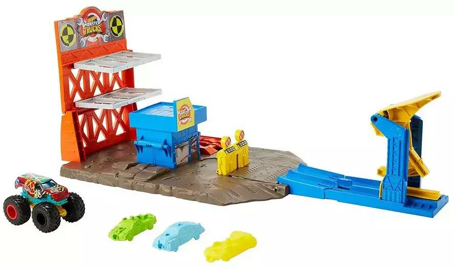 Автотрек Hot Wheels Monster Truck Взрывная станция, 3 машинки