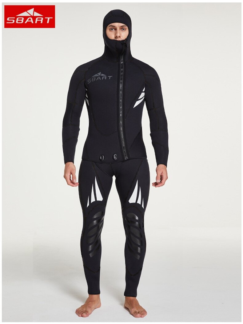 Мужской гидрокостюм 5 мм, двухсекционный, с капюшоном, теплый зимний рыболовный костюм чёрный и красный