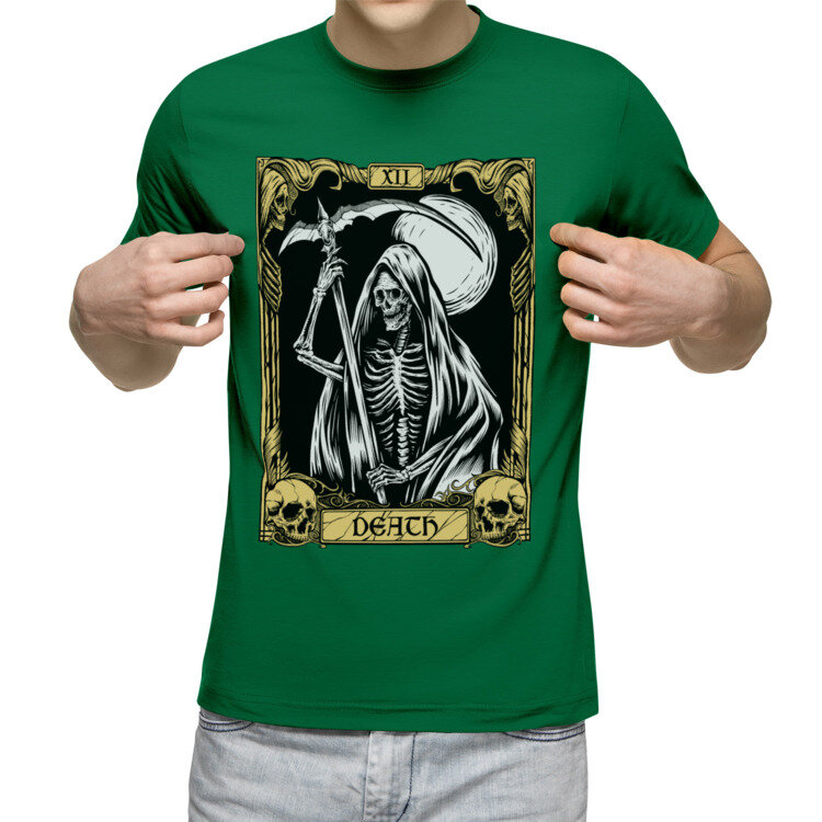 Мужская футболка «Карта таро Смерть с косой, скелет, эзотерика, гадание» (зеленый, M)
