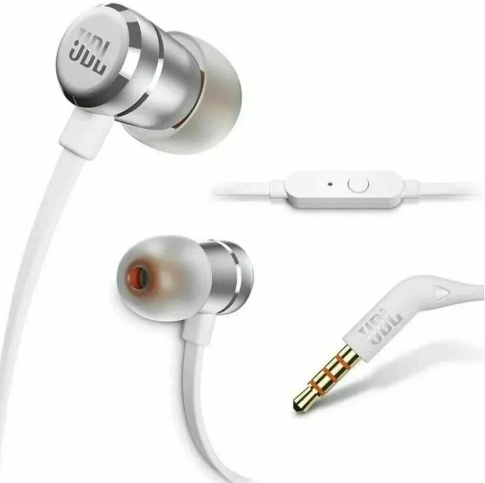 Проводные наушники-вкладыши JBL T290 с микрофоном, mini jack 3.5 мм, серебристые