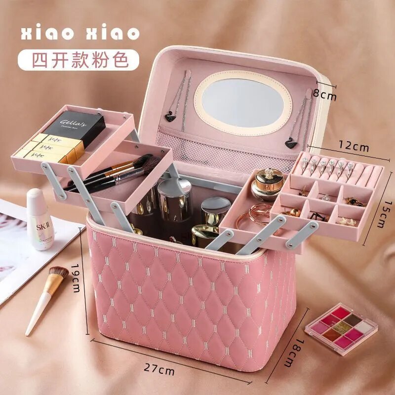 Шкатулка для косметики с зеркалом, органайзер для украшений, розовая, 27x18x19 см