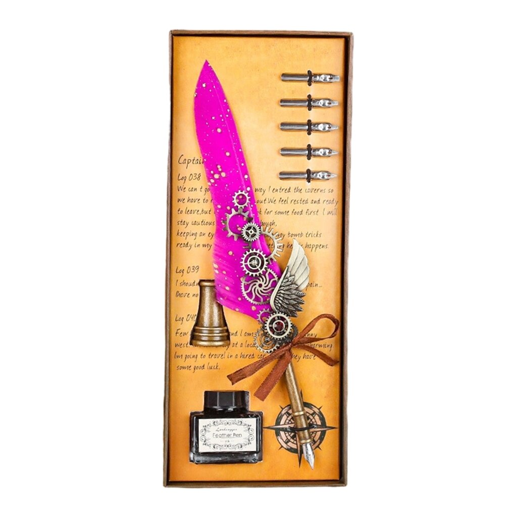 Старинное гусиное перо с чернилами и 5 наконечниками, Набор перьев с металлической гравировкой в стиле Ретро для Начинающих любителей каллиграфии