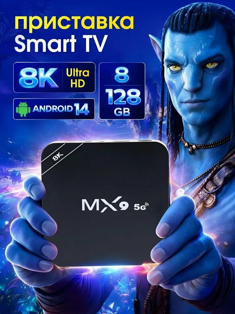 Смарт ТВ приставка 8К, Андроид 14 медиаплеер с Wi-Fi, Bluetooth и пультом