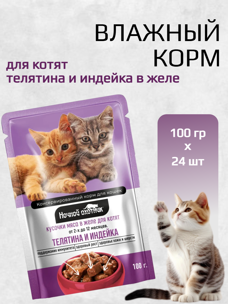 Ночной охотник для котят Телятина, индейка в желе 100 гр уп.24шт