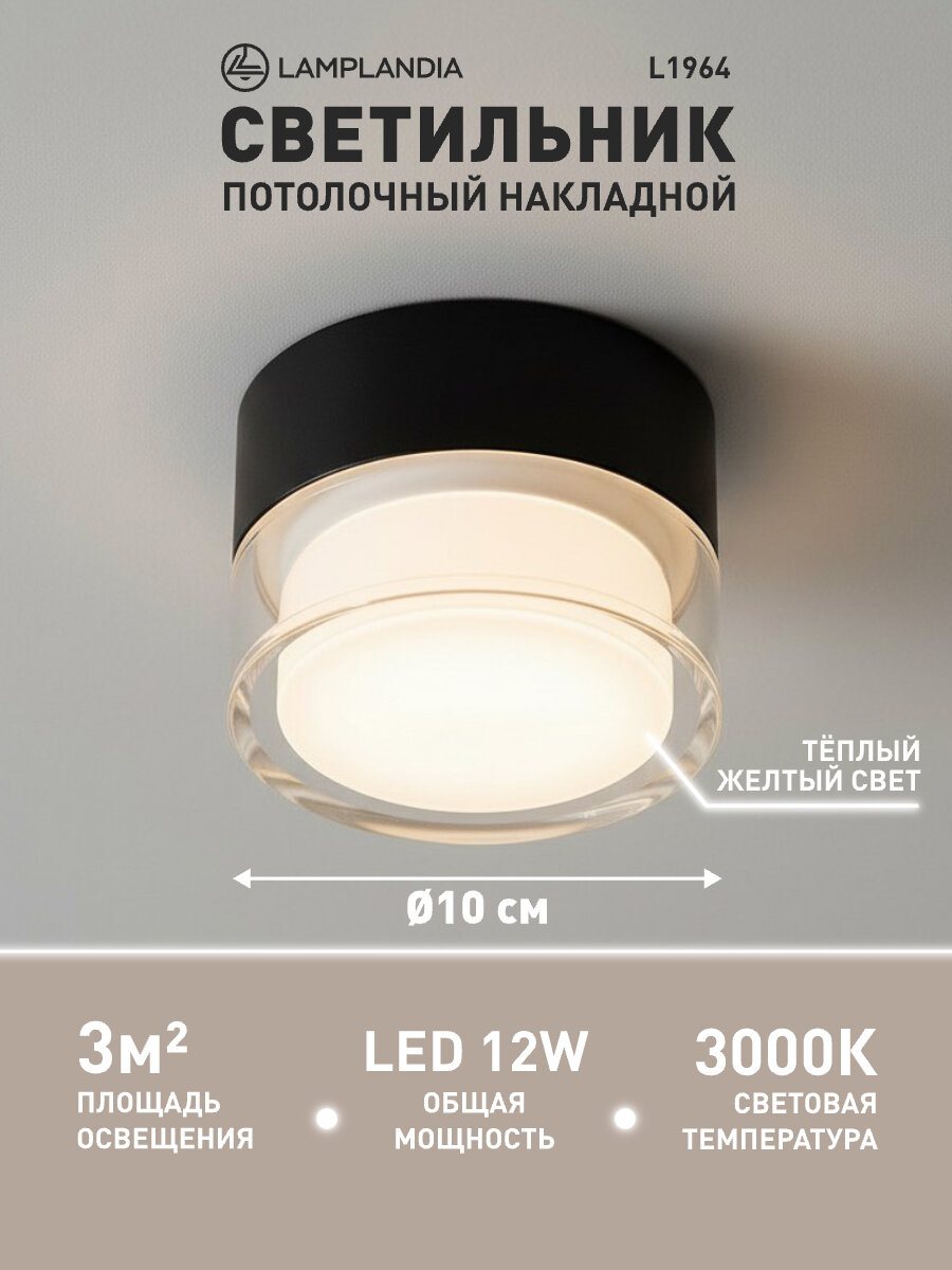 Светильник накладной светодиодный Lamplandia L1964 CYLINDER 3000K BLACK, LED 12W