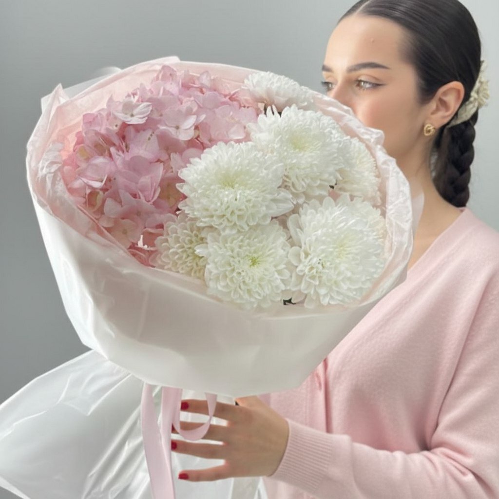 Милый букет из гортензии и хризантемы, нежный букет на подарок