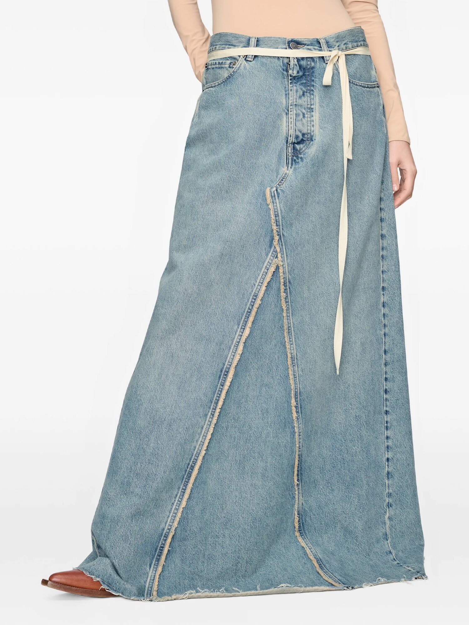 Юбка Maison Margiela Frayed string-detail maxi cotton skirt, размер 40, синий — фото 1