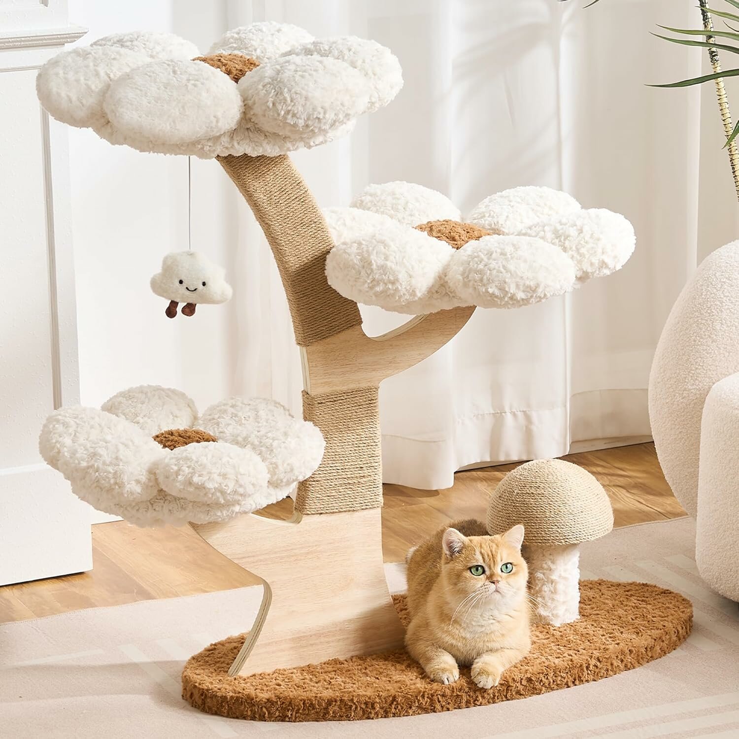 DINGXIAN Розовое кошачье дерево , из натурального дерева и сизаля, с когтеточкой, домиком, площадкой для наблюдения, грибком-когтеточкой и интерактивной пищалкой для взрослых домашних кошек