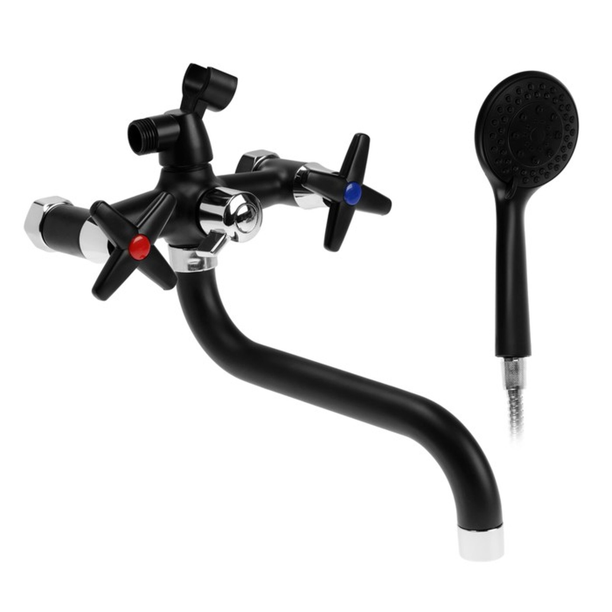 Смеситель для ванны ZEIN Z2494, излив 20 см, кран-букса 1/2", с душ набором, черный/хром