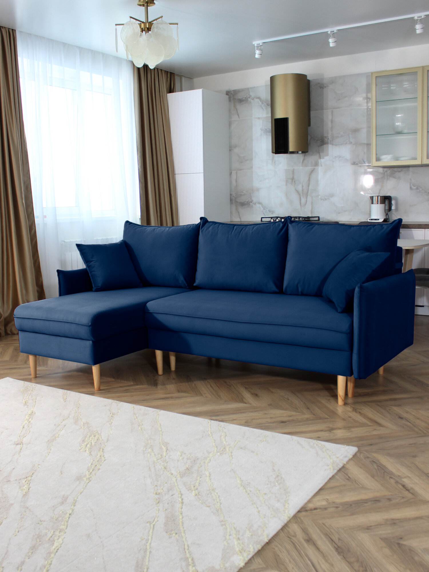 Диван-кровать угловой Фьорд с оттоманкой синий, левый угол, механизм Тик-так, 216х145х95 см