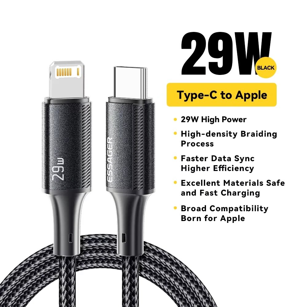 Кабель Essager USB C для IPhone 14 13 12 11 pro Max Xs Plus 29 Вт Кабель для быстрой 0.25m, black