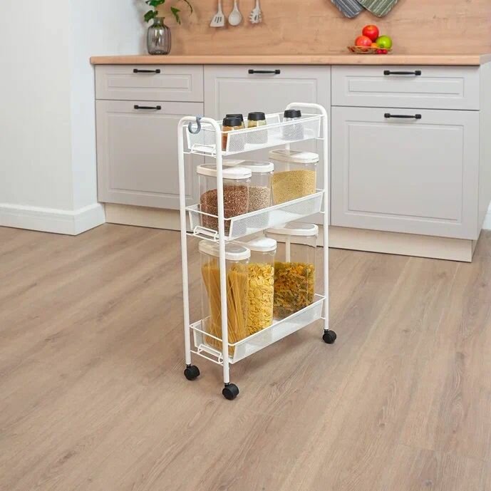 Этажерка ЗМИ Ладья1К, металлическая, трехуровневая, 3 корзины, высота 0.76 м, ширина 0.44 м, глубина 0.17 м, на колесах, белая Э321Б