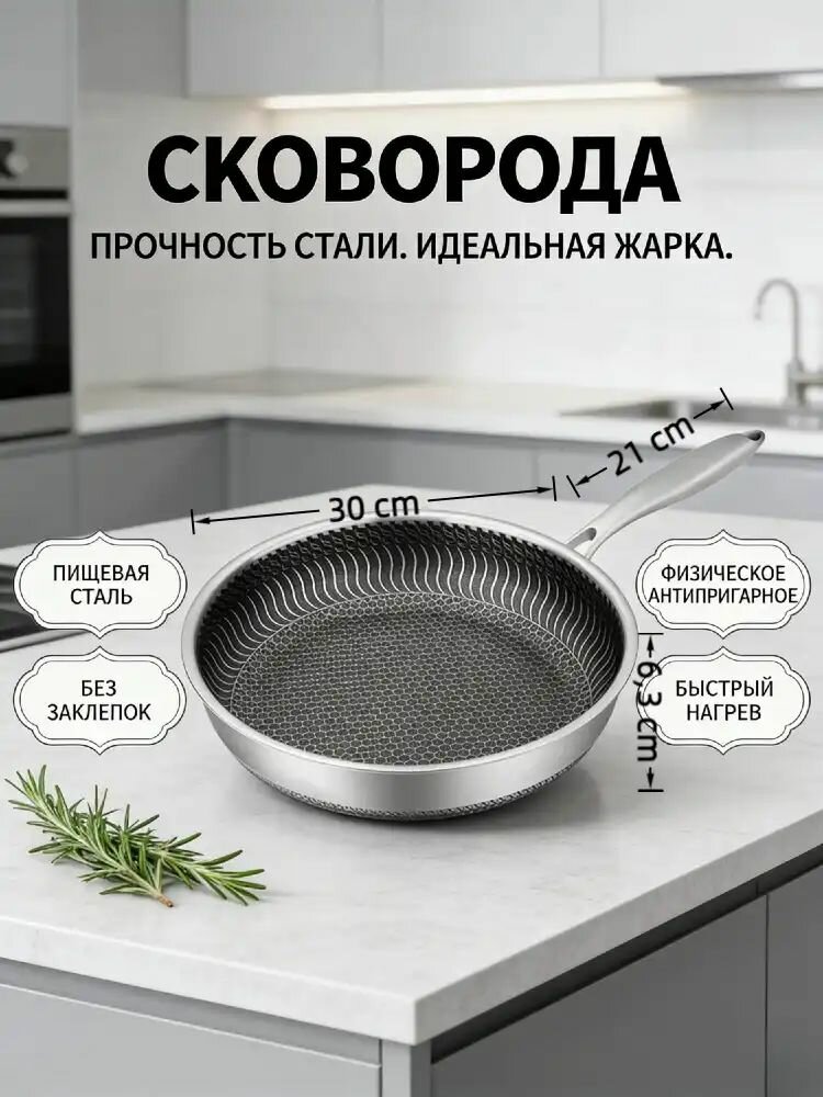 Сковорода из нержавеющей стали CT249 без покрытия, 30 см