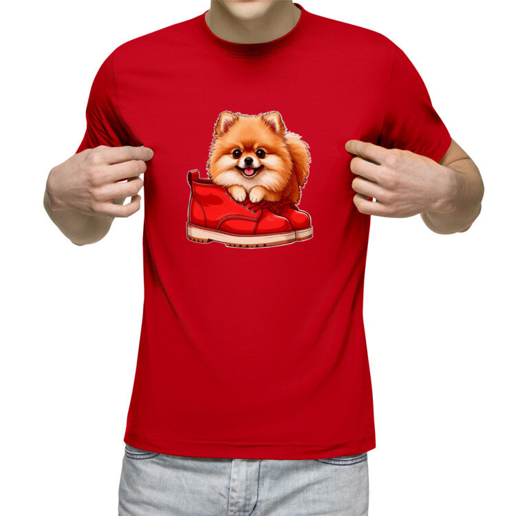 Мужская футболка «Шпиц на красных ботинках» (красный, XL)