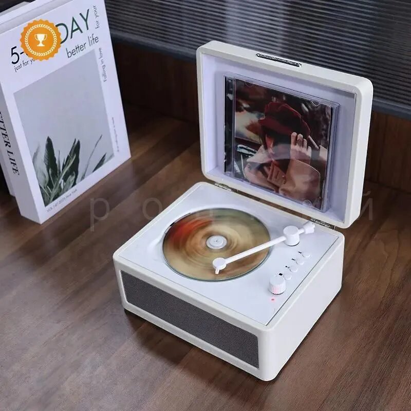 GM Проигрыватель компакт-дисков (CD/CD-R/MP3/WMA) cо встроенным аккумулятором и динамиками с поддержкой Bluetooth и флеш-USB, Винтажный стиль, шкатулка с замком в виде проигрывателя виниловых пластинок