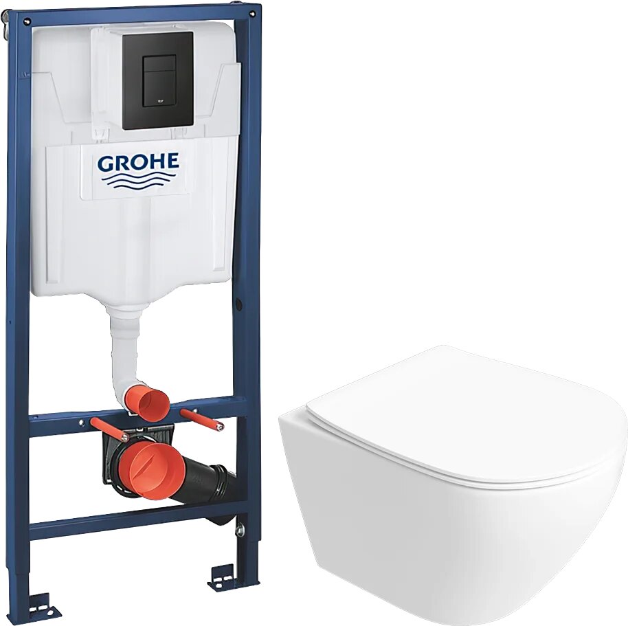 Комплект 5 в 1 Унитаз подвесной STWORKI Кронборг S28401WH, безободковый, с микролифтом, белый / Инсталляция с кнопкой Grohe Solido 38811KF0 цвет черный / Комплект креплений