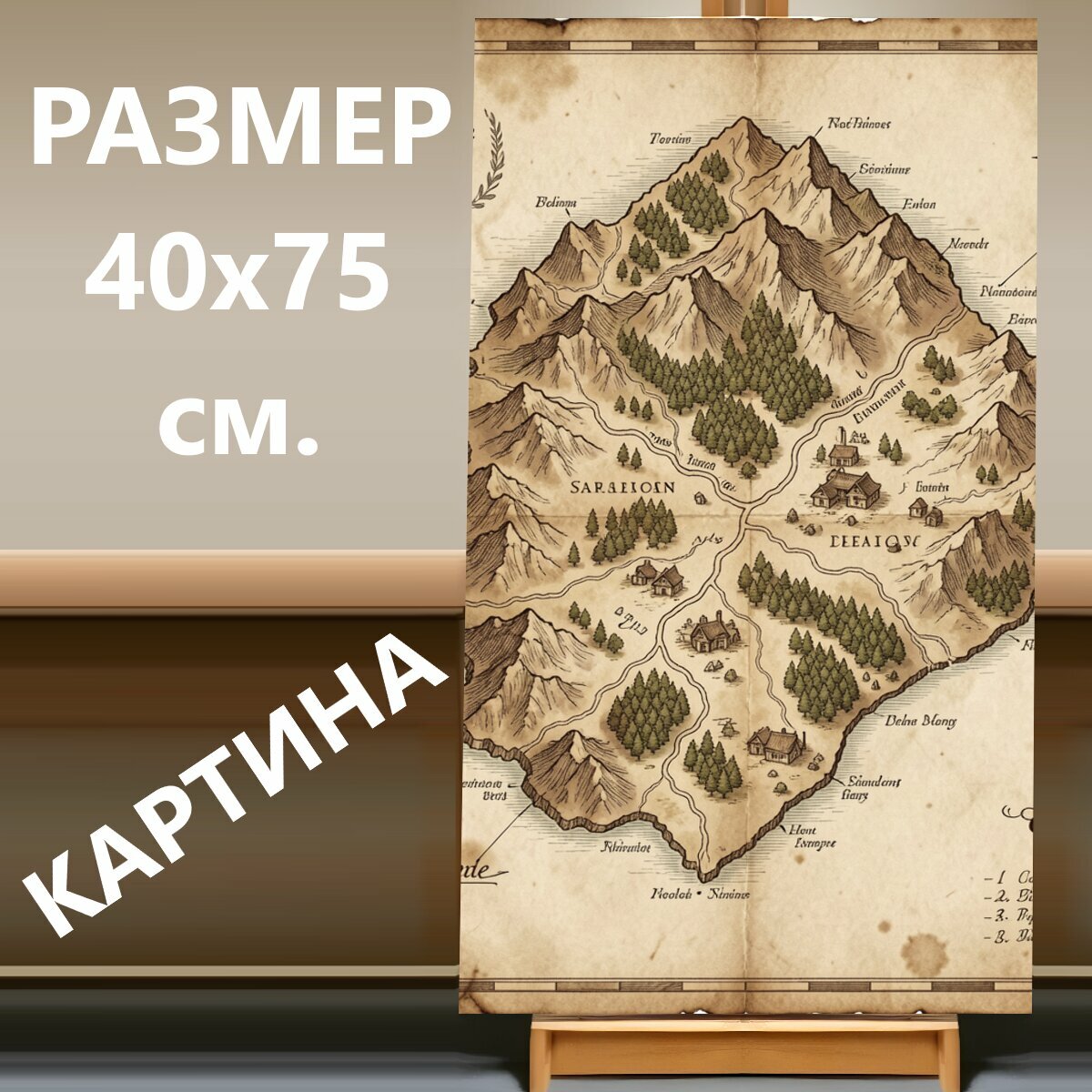 Картина на холсте "Старинная карта горного королевства. Сепия и бежевые тона, винтажная географическая схема с горами, лесами, дорогами." на подрамнике 75х40 см. для интерьера