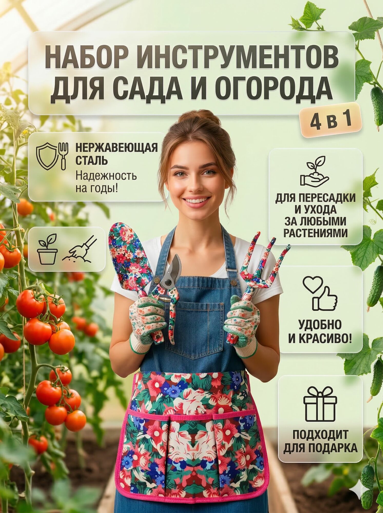 Набор садовых инструментов для сада и огорода 4 в 1