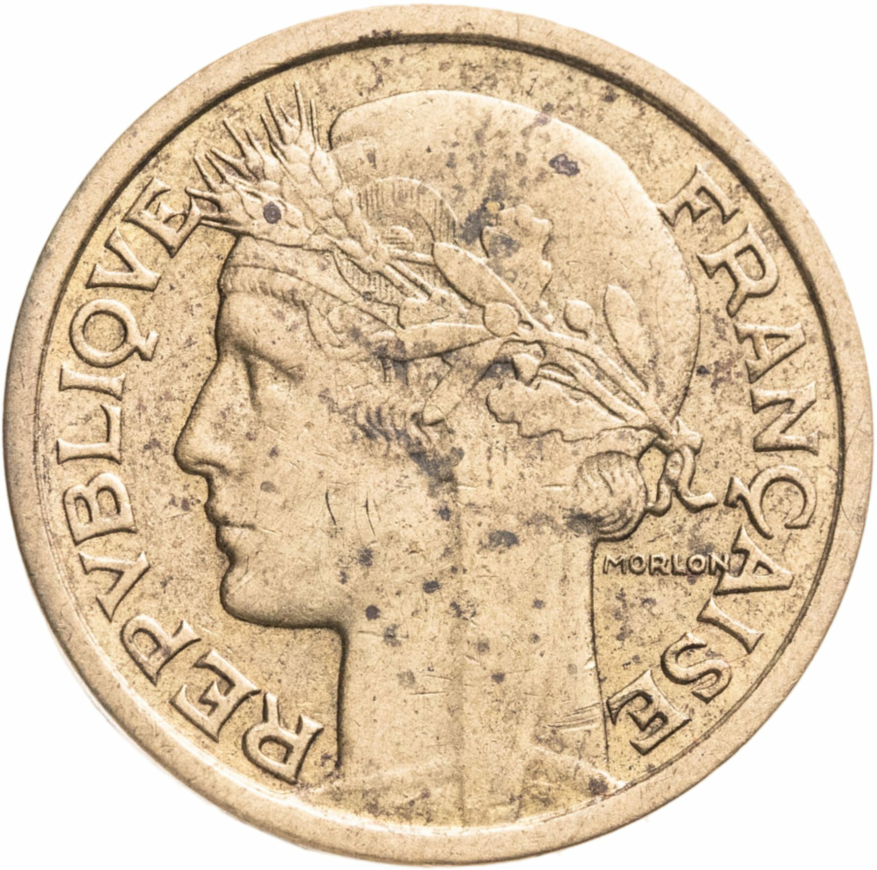 Франция 1 франк franc 1939, Бронза, в сохранности XF