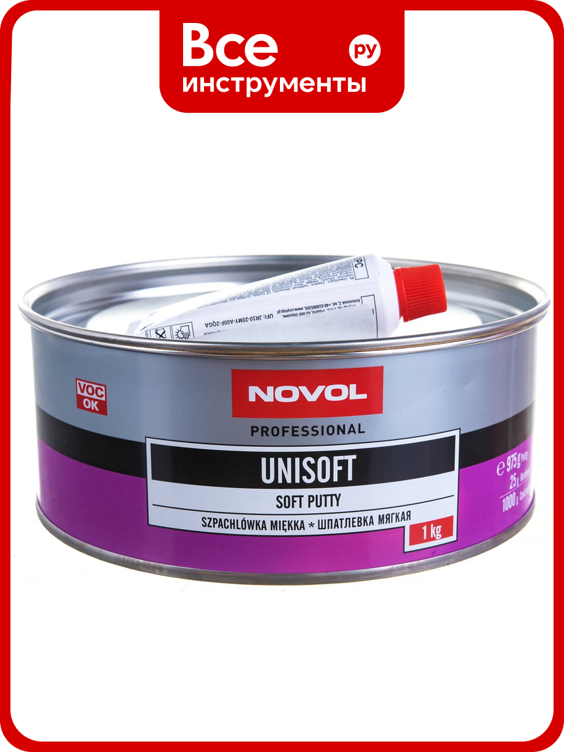 Шпатлевка Novol UNISOFT мягкая 1 кг X6120461, полимерная основа, подходит для металла и пластика, бежевого цвета
