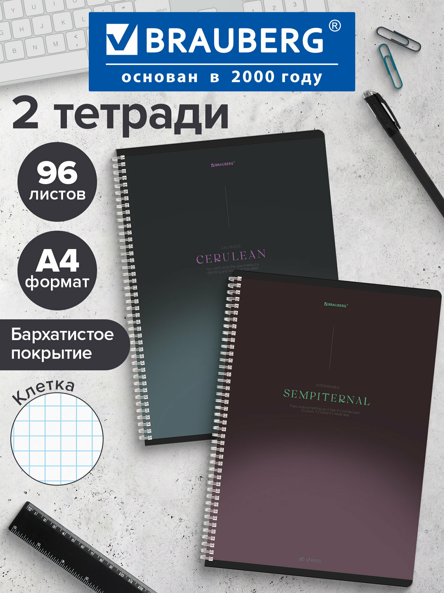Тетрадь А4 в клетку 96 листов, гребень, общая, набор 2 штуки, обложка SoftTouch, Brauberg Peaceful, 404875