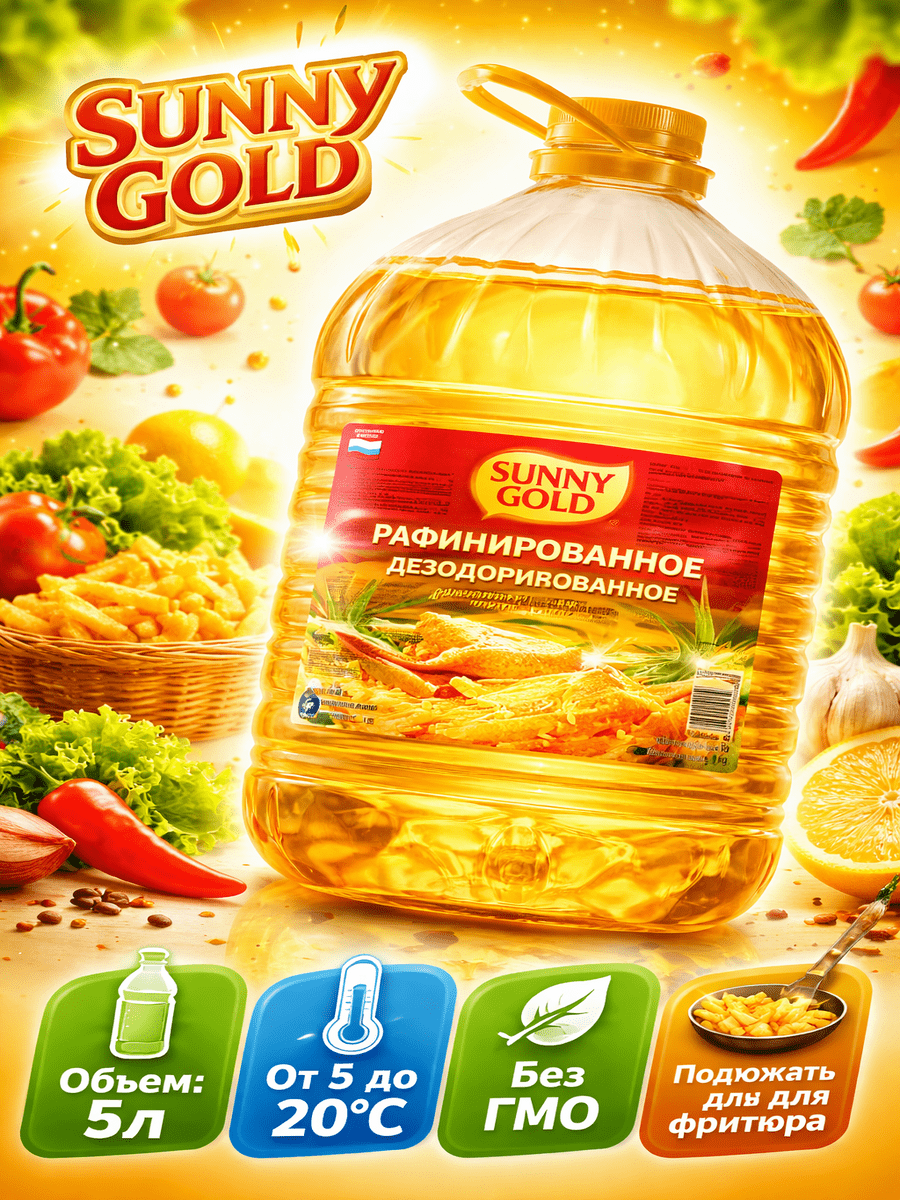 Масло подсолнечное Sunny Gold Для фритюра рафинированное дезодорированное, 5л