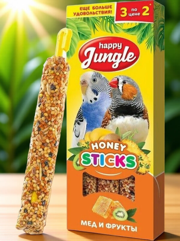 Палочки Happy Jungle, для всех видов птиц, мед и фрукты, 90г, 3шт в уп