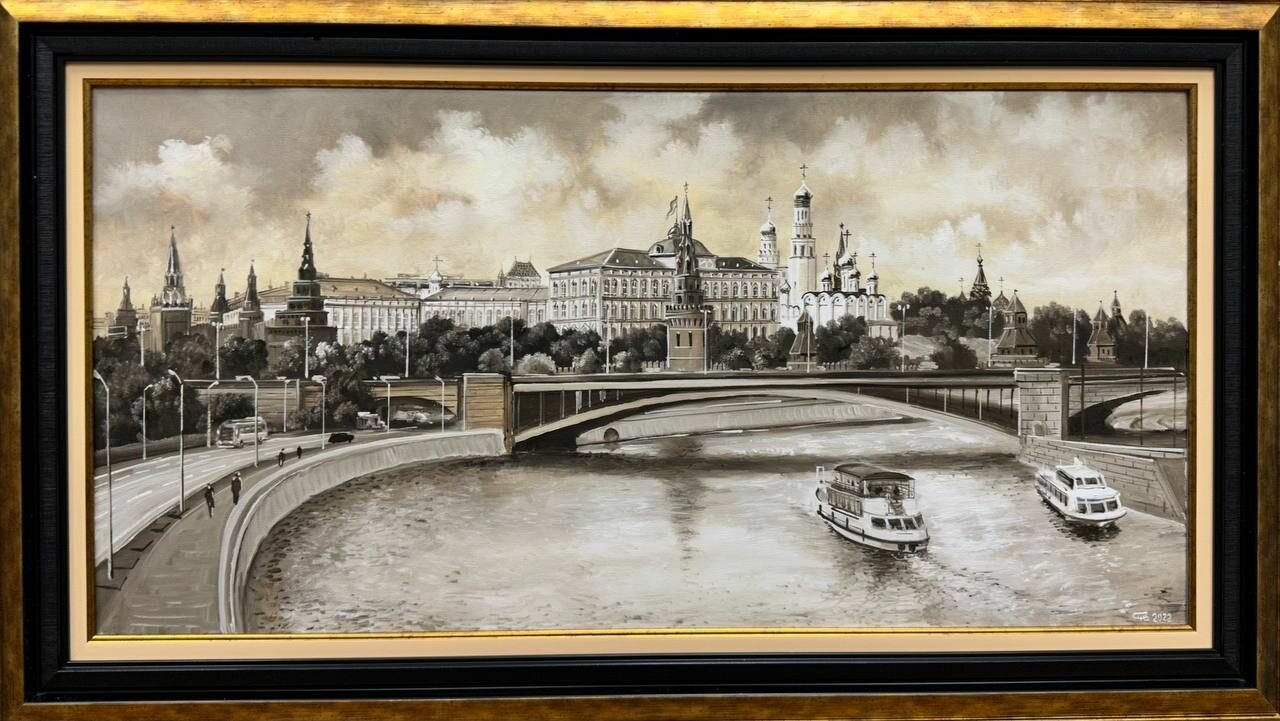 Картина маслом, городской пейзаж "Москва. Вид на Кремль". Холст/Масло. Размер 40х80. Автор Семенов Н. В.