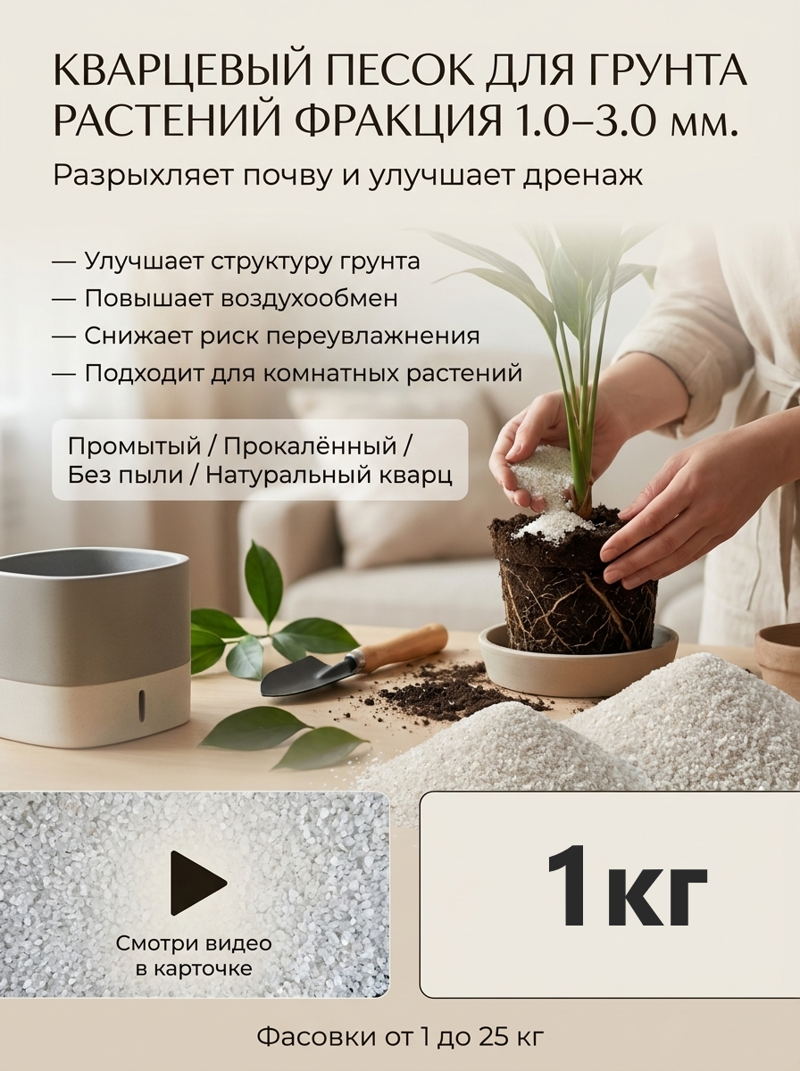 Дренаж для растений 1.0-3.0 мм, кварцевый песок, средняя фракция, добавка в грунт, улучшает дренаж и воздух, 1 кг