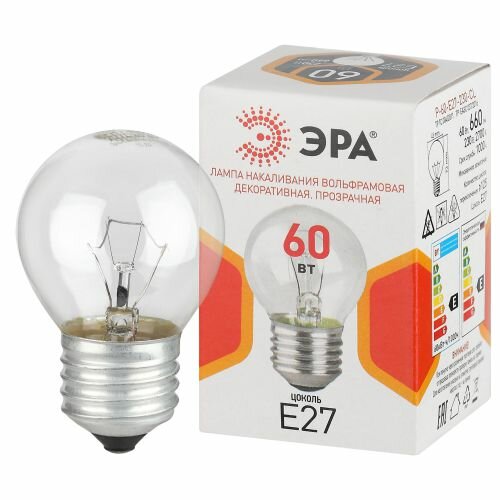 Лампа накаливания P45 60Вт шар прозрачная E27/E27 230В Эра Б0066558