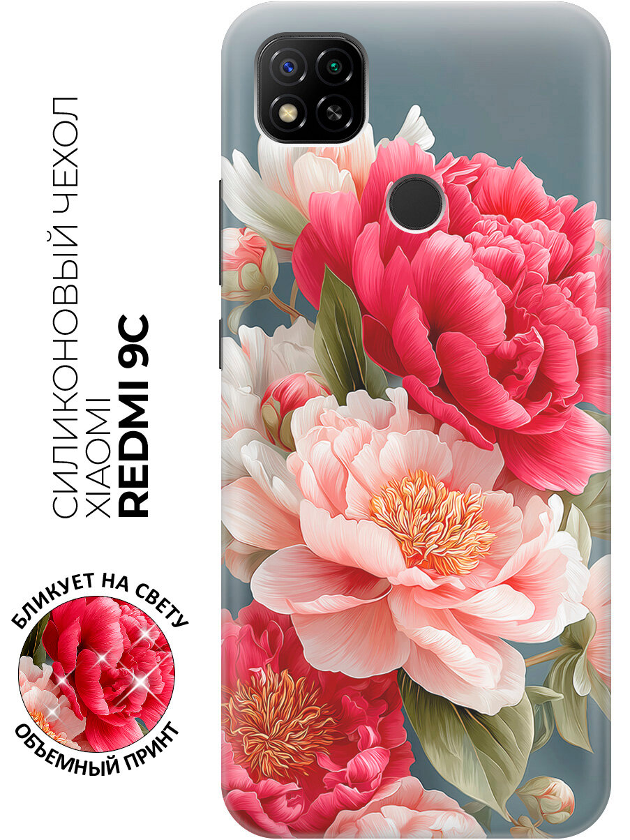 Силиконовый чехол на Xiaomi Redmi 10A / 9C с принтом "Пионы на сумеречном фоне"