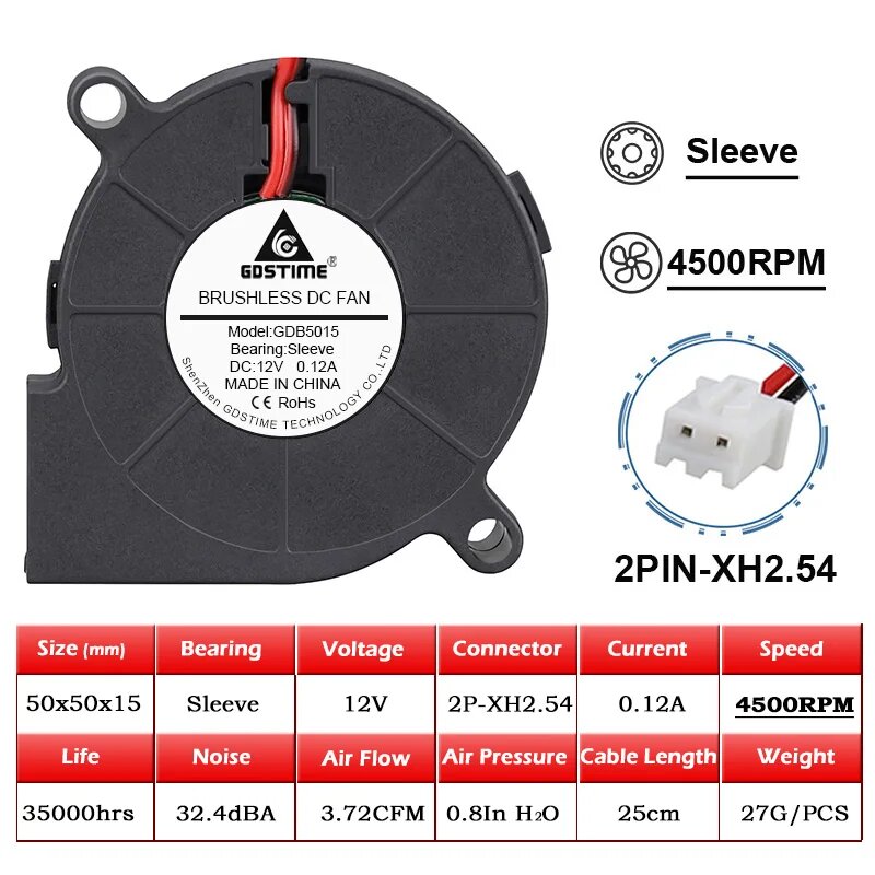 Gdstime 5015 Турбовентилятор для 3D-принтера 2 Pcs, 12V Sleeve 4500RPM