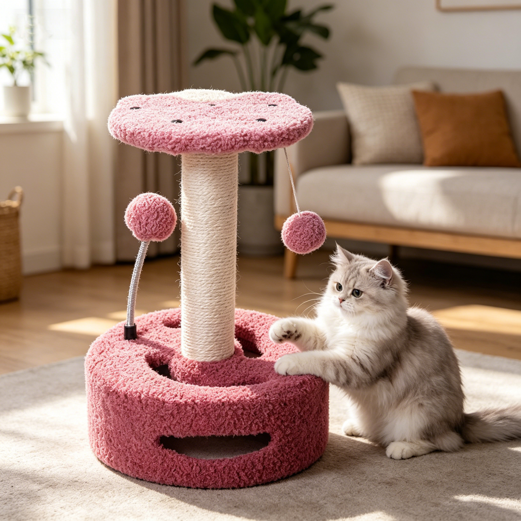 Когтеточка для кошек "Подсолнух" с игровой зоной, sisal, мягкая ткань, 26х35 см，клубничный