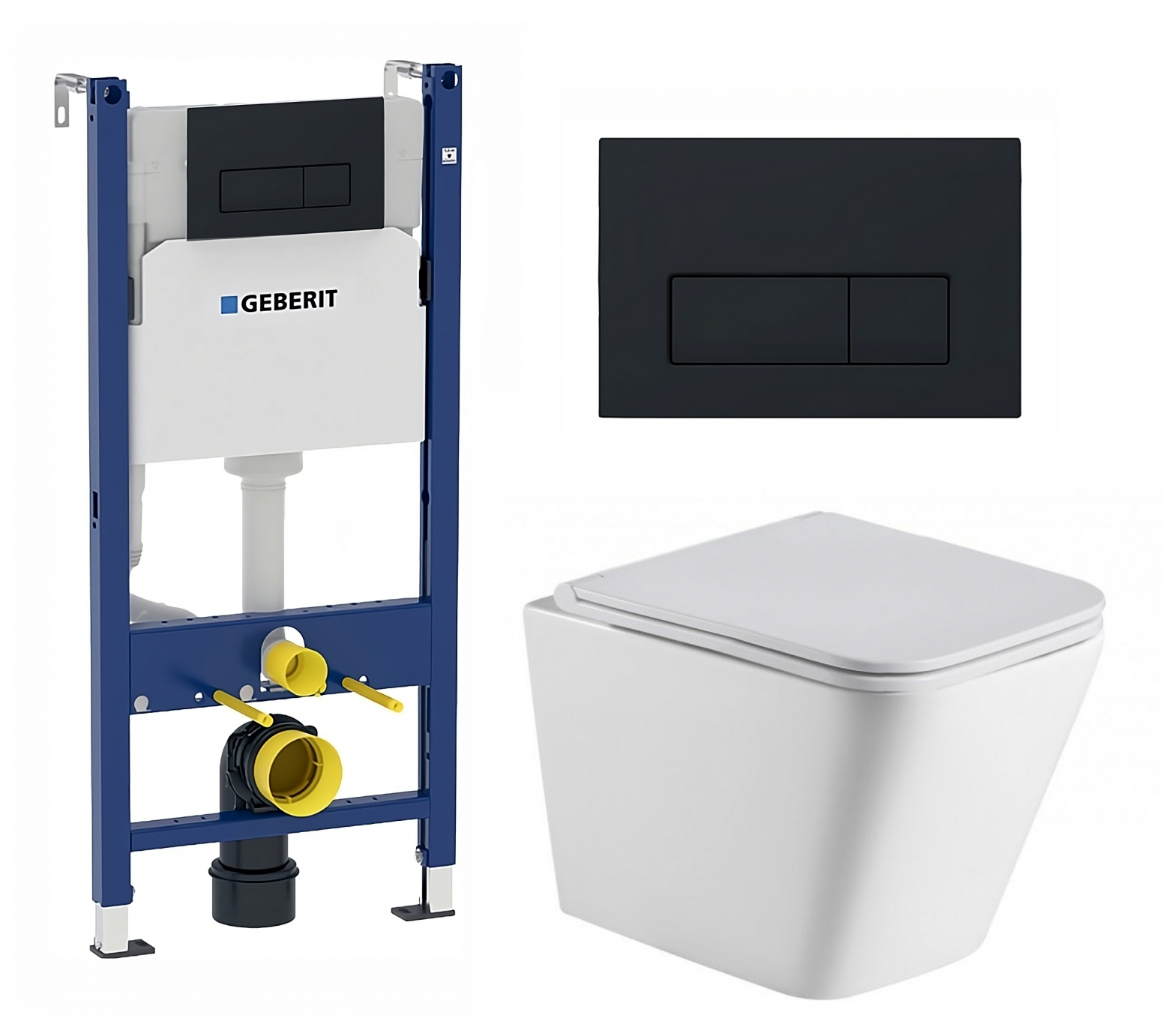 Комплект 3 в 1 инсталляция Geberit Duofix + Подвесной унитаз WeltWasser Gelbach 043 GL-WT + кнопка черная матовая